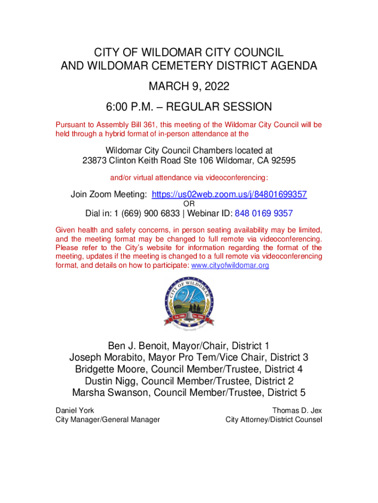 Fillable Online Wildomar City Council Chambers located at 23873 ...
