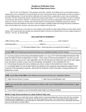 Fillable Online Residency Verification Form Two Rivers Supervisory Union Fax Email Print - pdfFiller