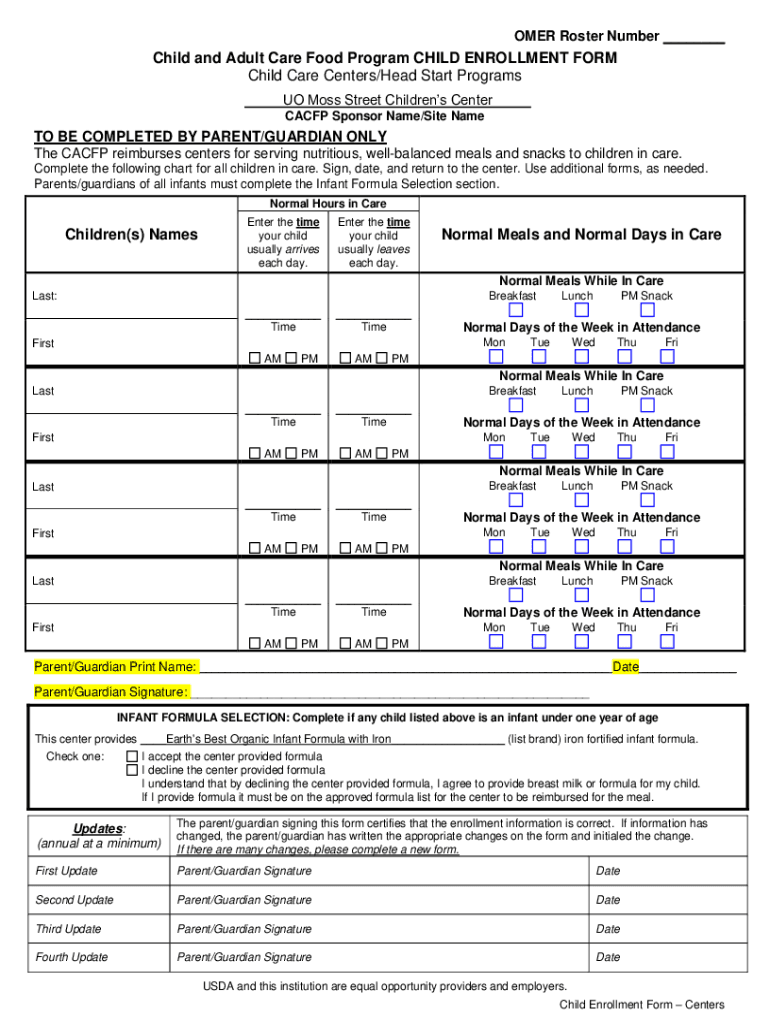 Fillable Online pages uoregon Child and Adult Care Food Program CHILD ...