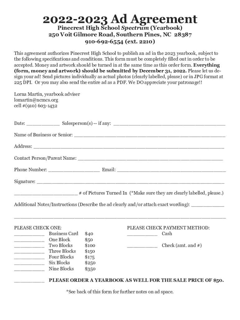 Fillable Online 2022-2023 Ad Agreement Fax Email Print - pdfFiller