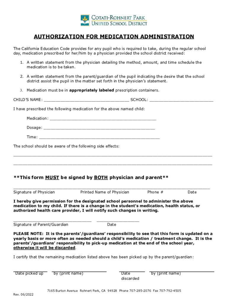 Fillable Online Authorization for Medication Administration at School ...