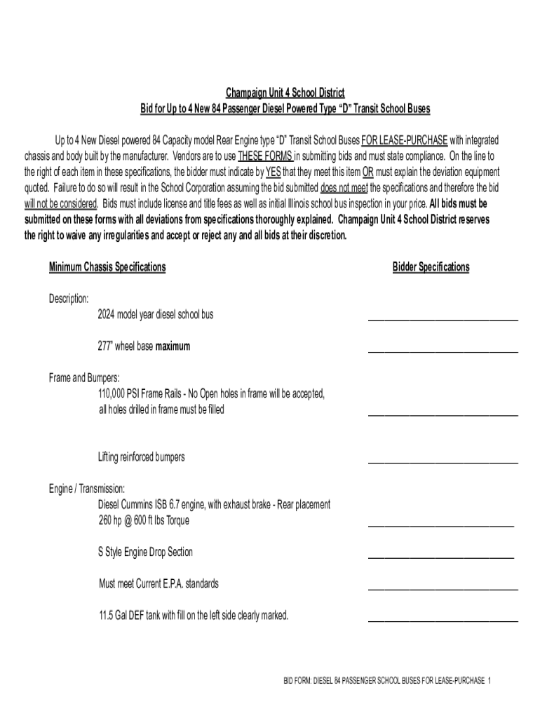 Fillable Online BID FORM - Diesel 84 Passenger School Buses Lease ...