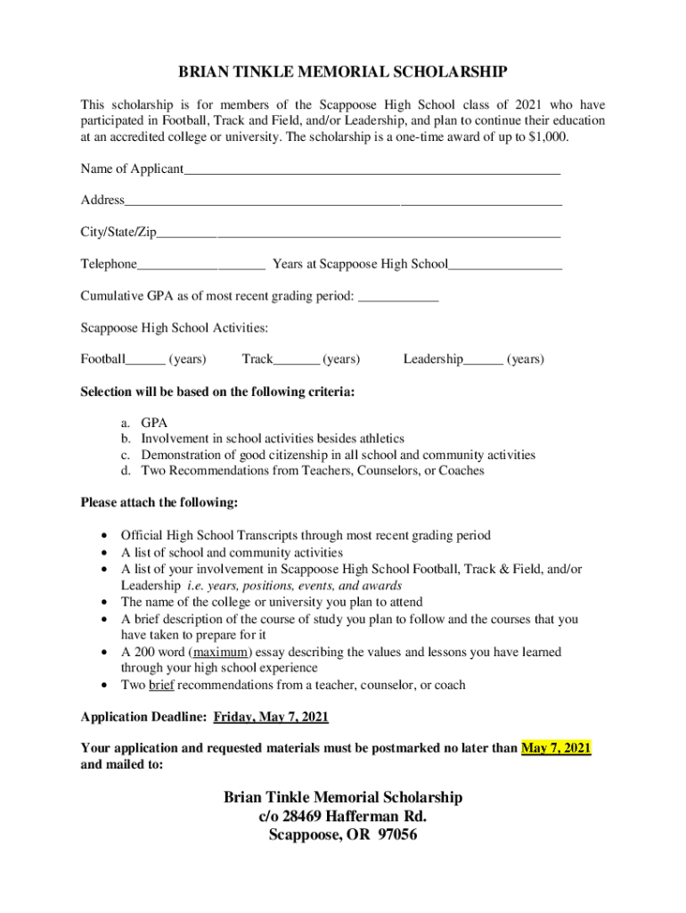 Fillable Online The Brian Tinkle Memorial Scholarship Fax Email Print ...