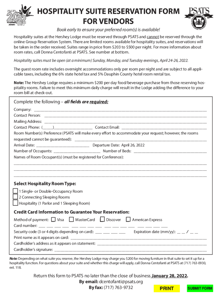 Fillable Online HOSPITALITY SUITE RESERVATION FORM Fax Email Print ...