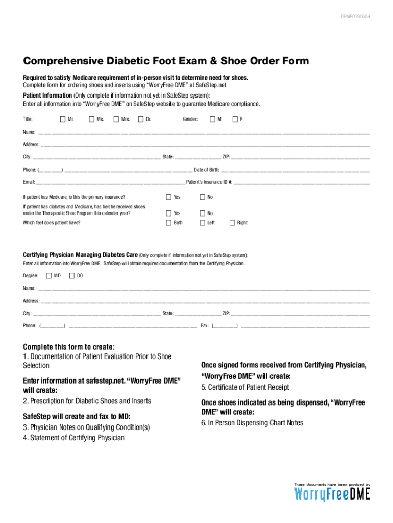 Fillable Online Comprehensive Diabetic Foot Exam & Shoe Order Form Fax ...
