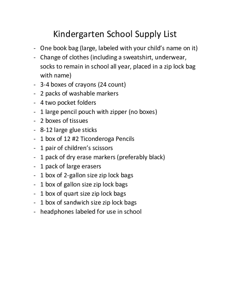 Fillable Online Pre-K and Kindergarten Supply Lists Fax Email Print ...