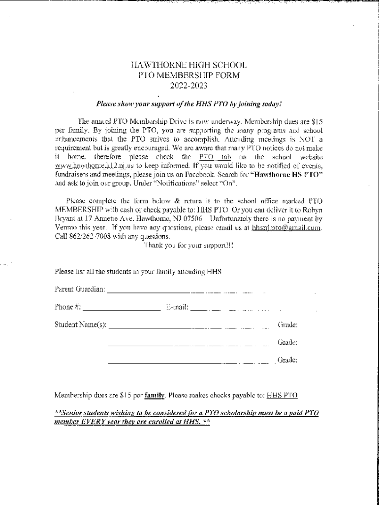 Fillable Online HAWTHORNE HIGH SCHOOL PTO MEMBERSHIP FORM ... Fax Email ...