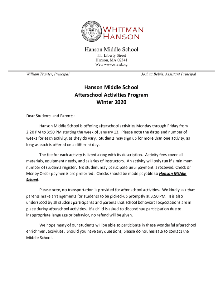 Fillable Online Hanson Middle School Afterschool Activities Program ...