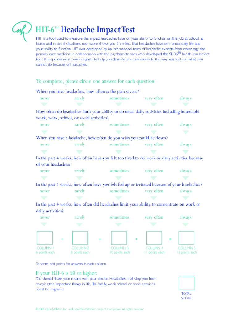 Fillable Online Form Structure: Headache Impact Test (HIT-6) Fax Email ...