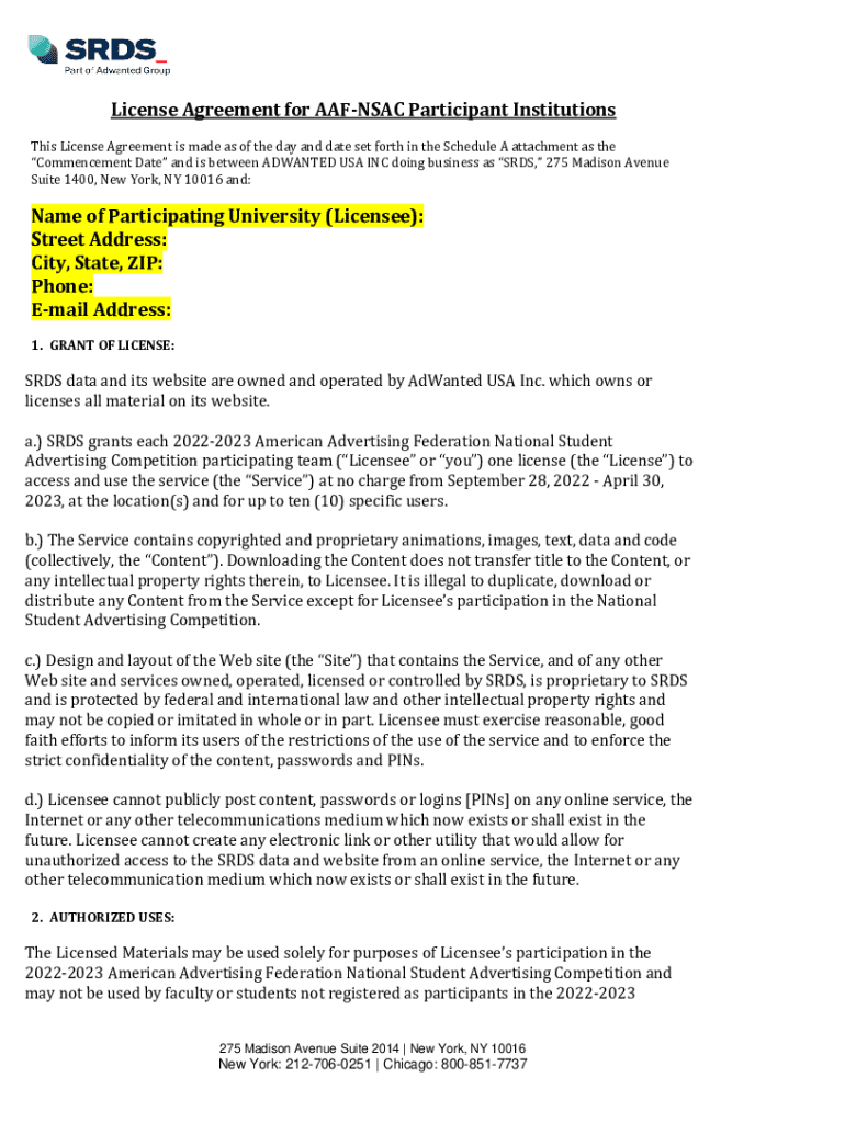 Fillable Online License Agreement for AAF-NSAC Participant Institutions ...