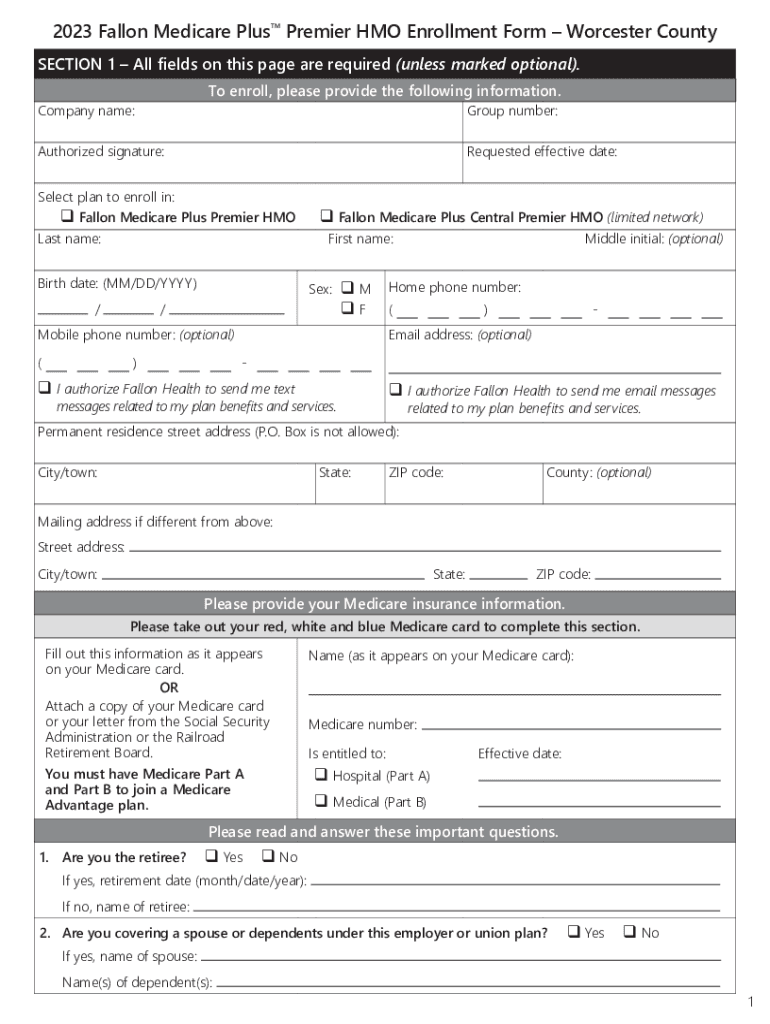 Fillable Online 2023 Fallon Medicare PlusTM Premier HMO Enrollment Form ...