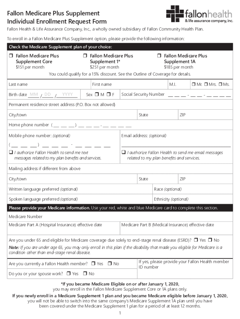 Fillable Online Fallon Medicare Plus Supplement Individual Enrollment ...