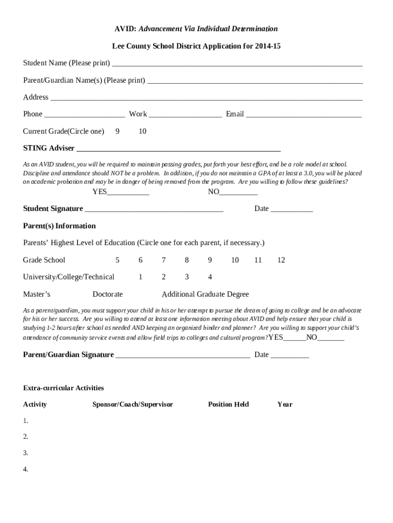 Student Application AVID: Advancement Via Individual ... Doc Template ...