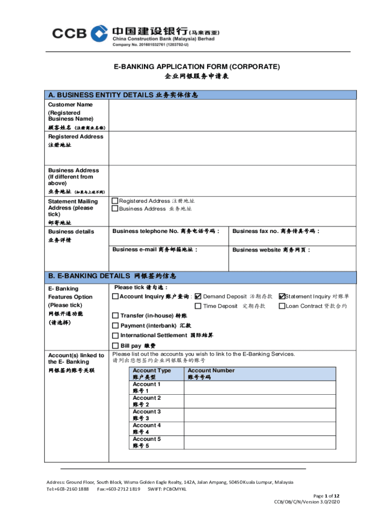 Fillable Online E-BANKING APPLICATION FORM (CORPORATE) ... Fax Email ...