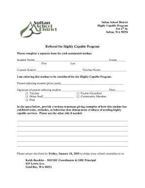 Fillable Online Highly Capable Referrals - Sultan High School Fax Email Print - pdfFiller