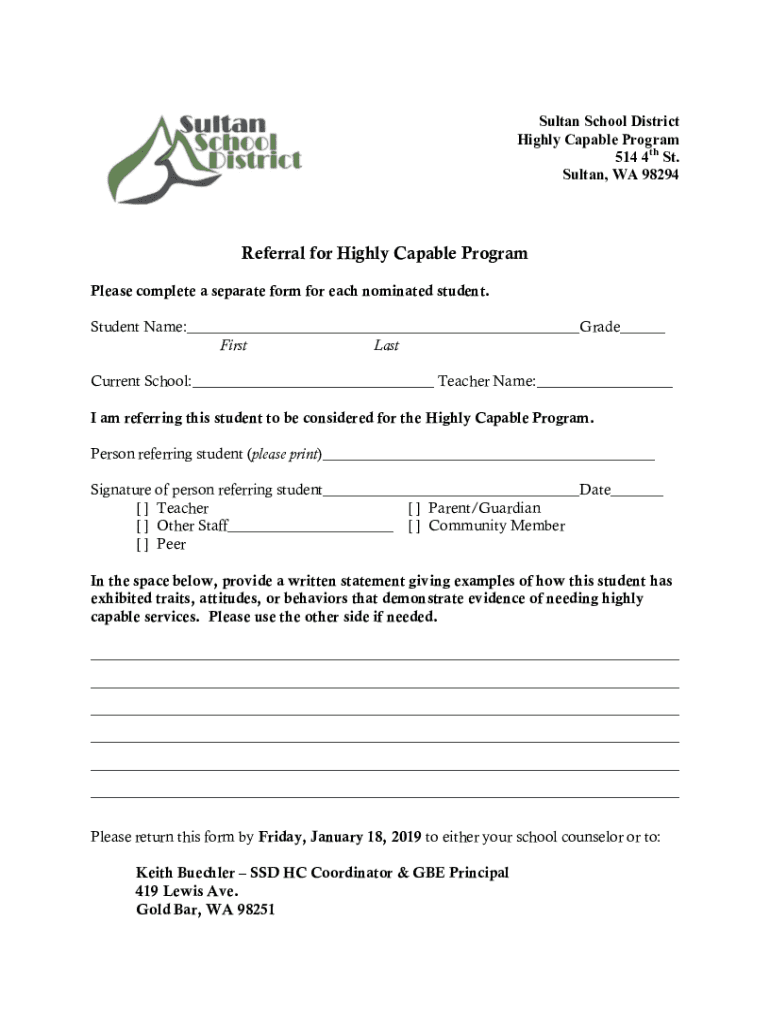 Fillable Online Highly Capable Referrals - Sultan High School Fax Email Print - pdfFiller