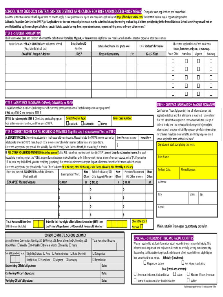 Fillable Online District Free and Reduced Meals Application Fax Email ...