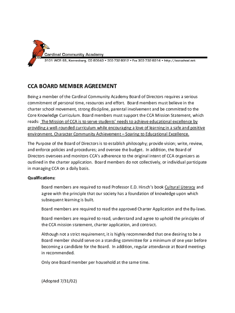 Fillable Online CCA BOARD MEMBER AGREEMENT Fax Email Print - pdfFiller