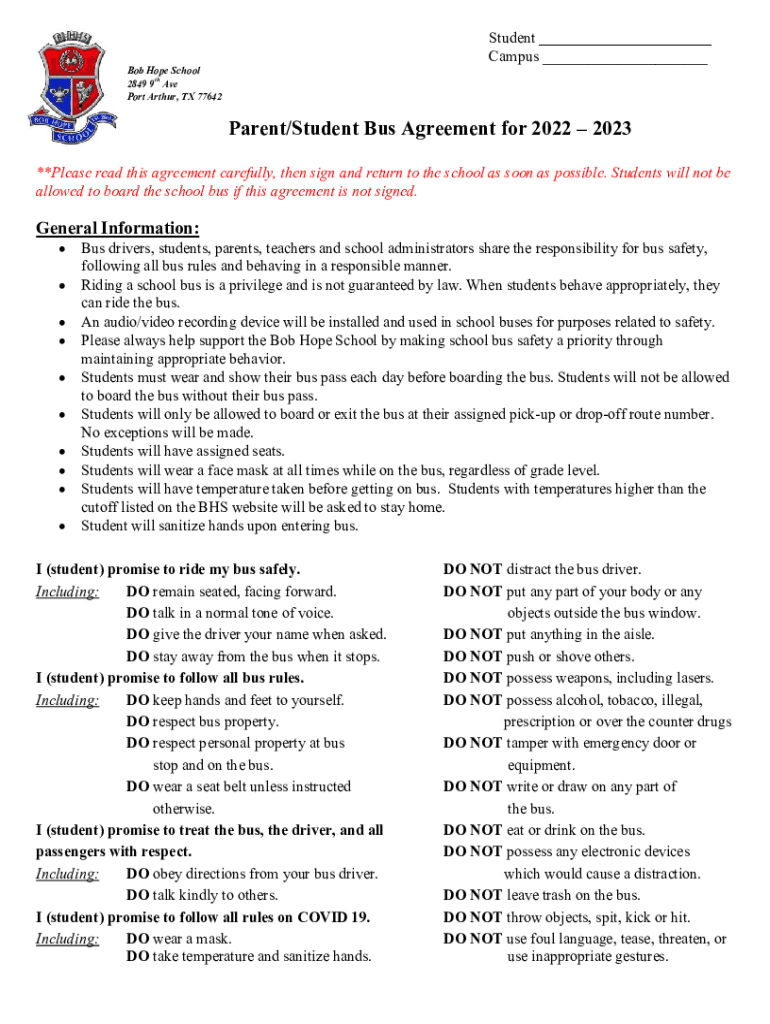 Fillable Online SY 22-23 Parent student bus agreement--E Fax Email ...