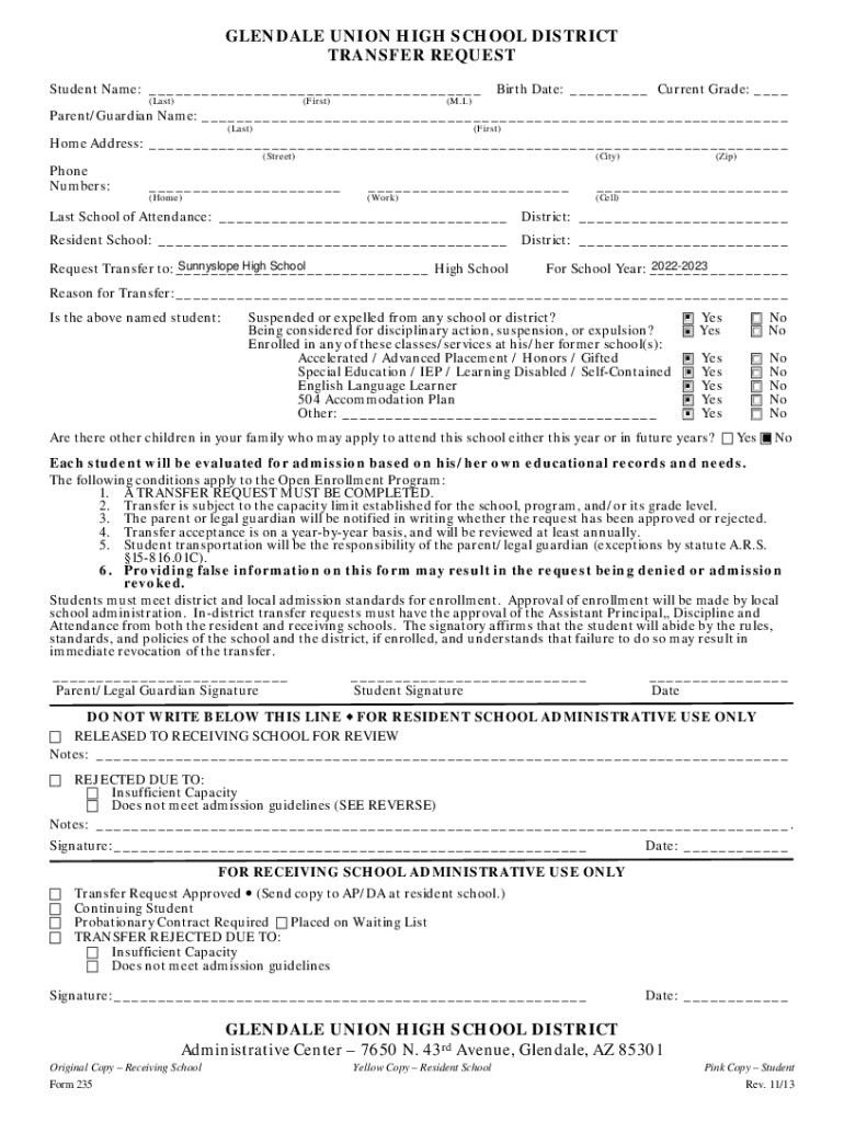 Fillable Online glendale union high school district transfer request ...