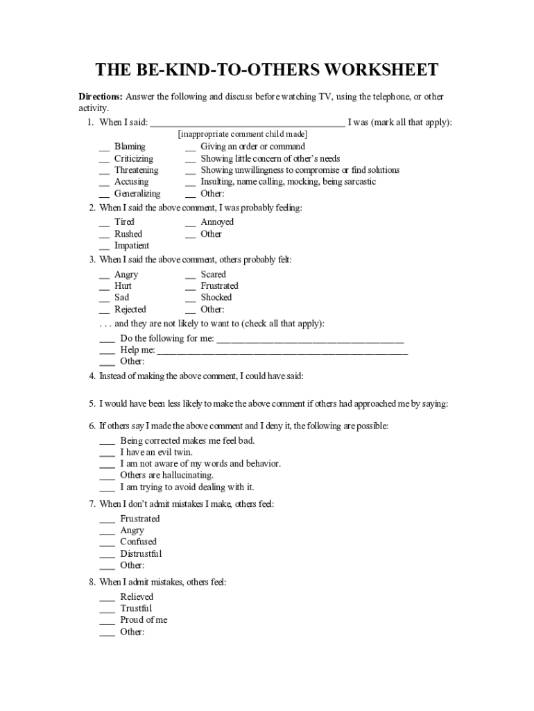Fillable Online THE BE-KIND-TO-OTHERS WORKSHEET Fax Email Print - pdfFiller