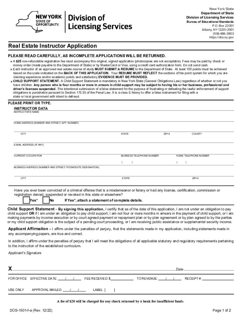 Fillable Online dos ny Real Estate Instructor Application X - Department of State Fax Email ...