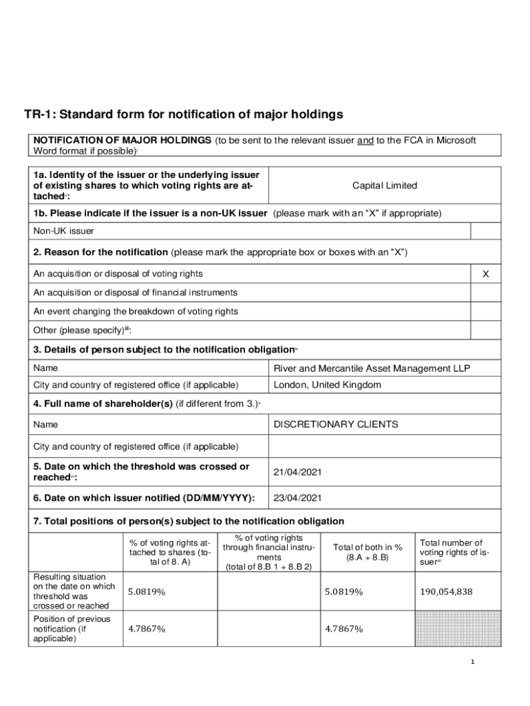 Fillable Online TR-1: Standard form for notification of major ... - Capital Limited Fax Email ...