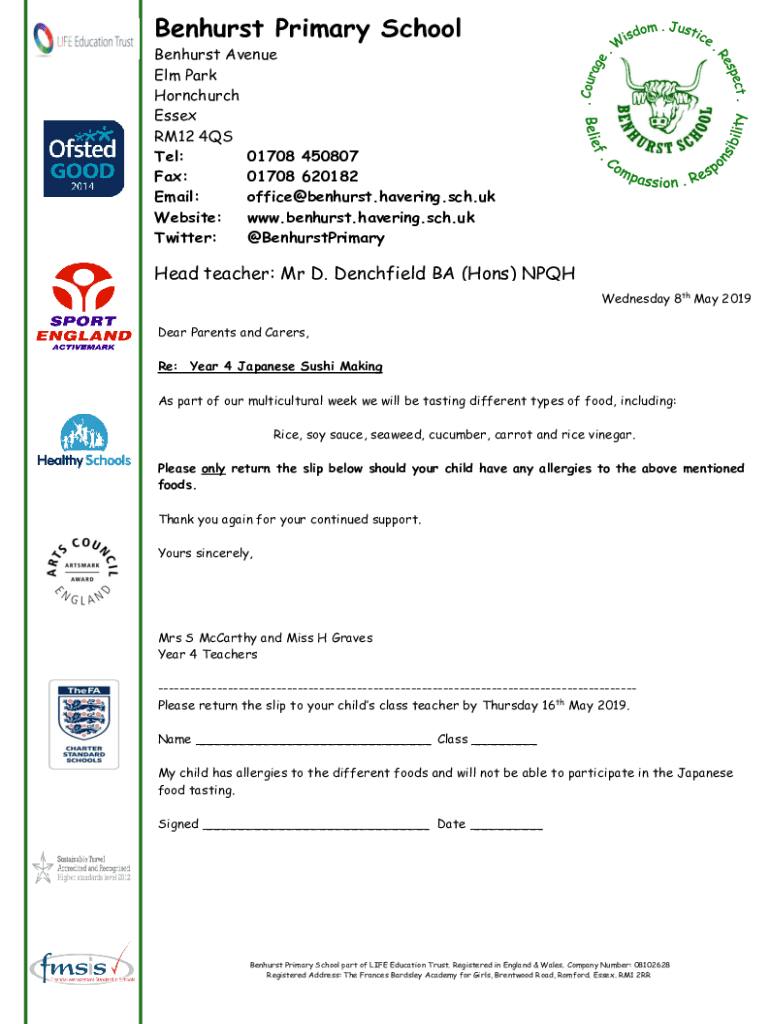 Fillable Online Benhurst PrimaryOnly My Best Is Good Enough For Me Fax ...