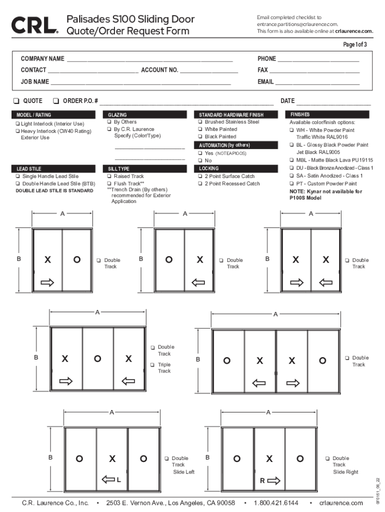 Fillable Online Palisades S100 Sliding Door Quote/Order Request Form ...