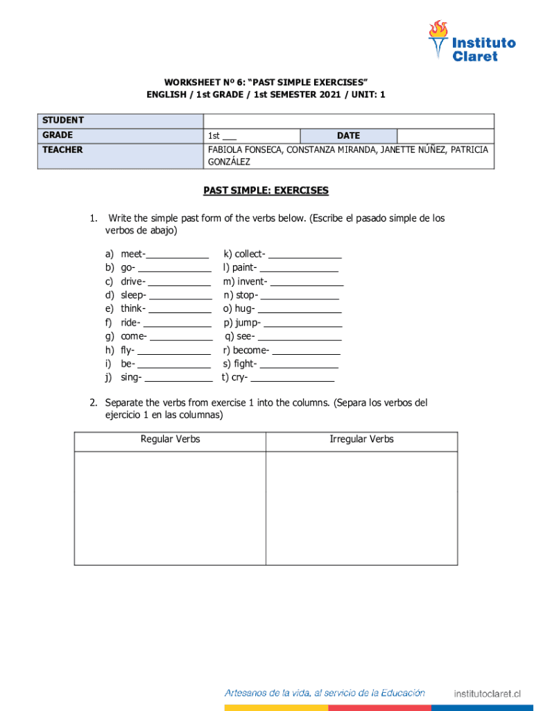 Fillable Online EXERCISES 1. Write the simple past form of the verbs ...