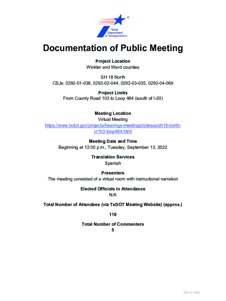 Fillable Online plans dot state tx SH 18 North from CR 103 south of the ...