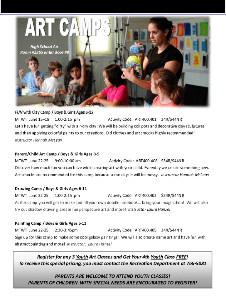 Fillable Online Register for any 3 Youth Art Classes and Get Your 4th ...