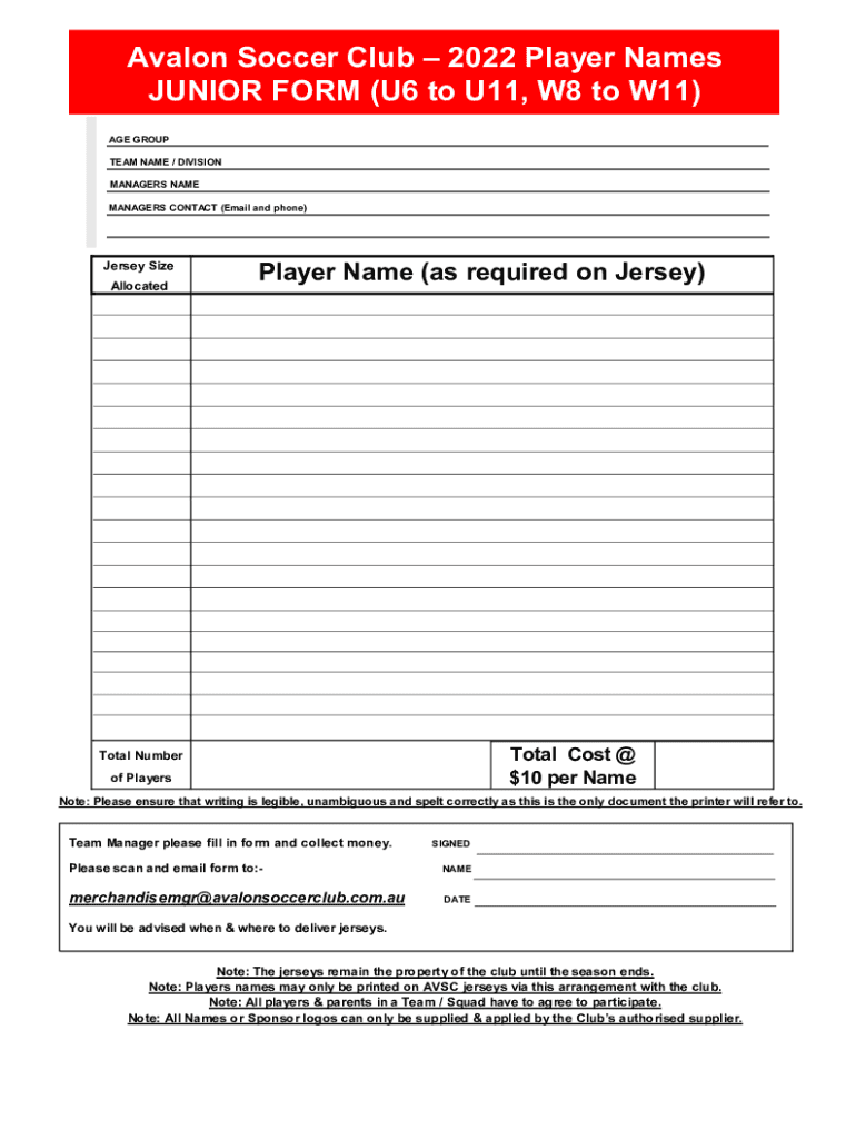 Fillable Online 2022 Player Names JUNIOR FORM (U6 to U11, W8 to W11 ...