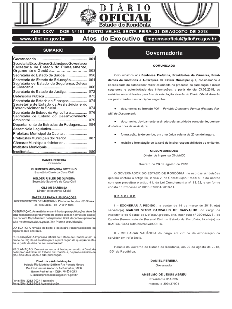 Preenchível Disponível diof ro gov 3 de setembro de 2018 - Porto Velho ...