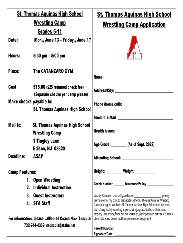 Fillable Online St. Thomas Aquinas High School Wrestling Camp ...