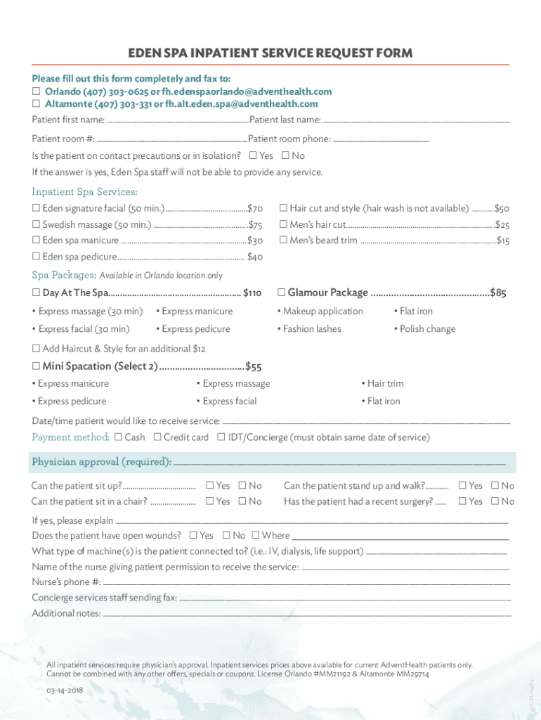 Fillable Online EDEN SPA INPATIENT SERVICE REQUEST FORM Fax Email Print ...