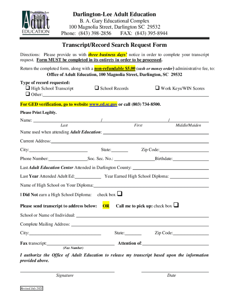 Fillable Online Transcript/Record Search Request Form Fax Email Print ...