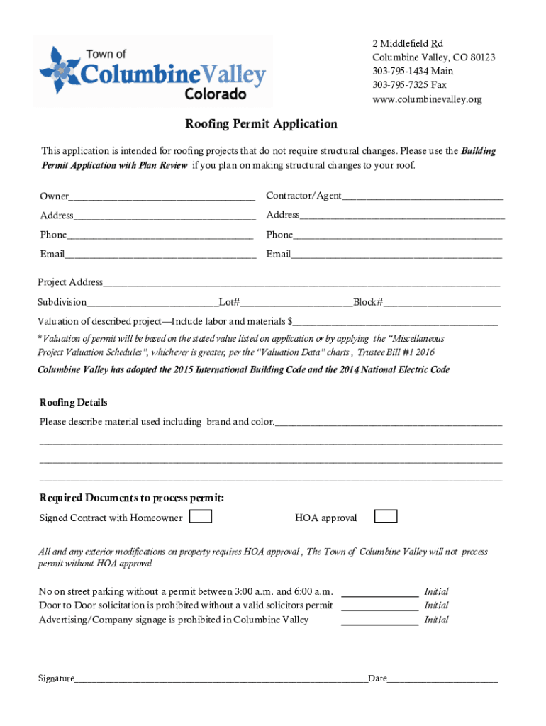 Fillable Online Roofing Permit Application - Columbine Valley Colorado ...
