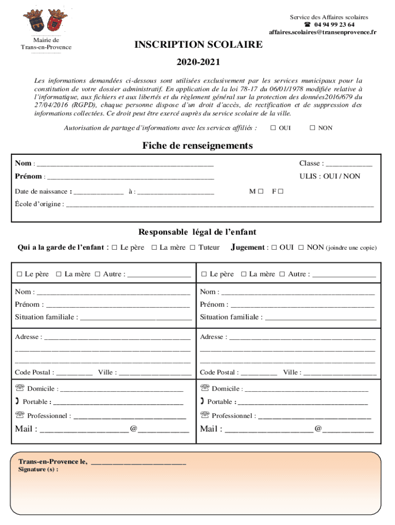 Remplissable En Ligne Service Affaires Scolaires et familles - Ville de GAREOULT Fax Email ...