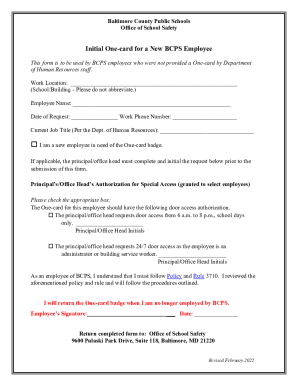 Fillable Online Initial One-card for a New BCPS Employee Fax Email ...
