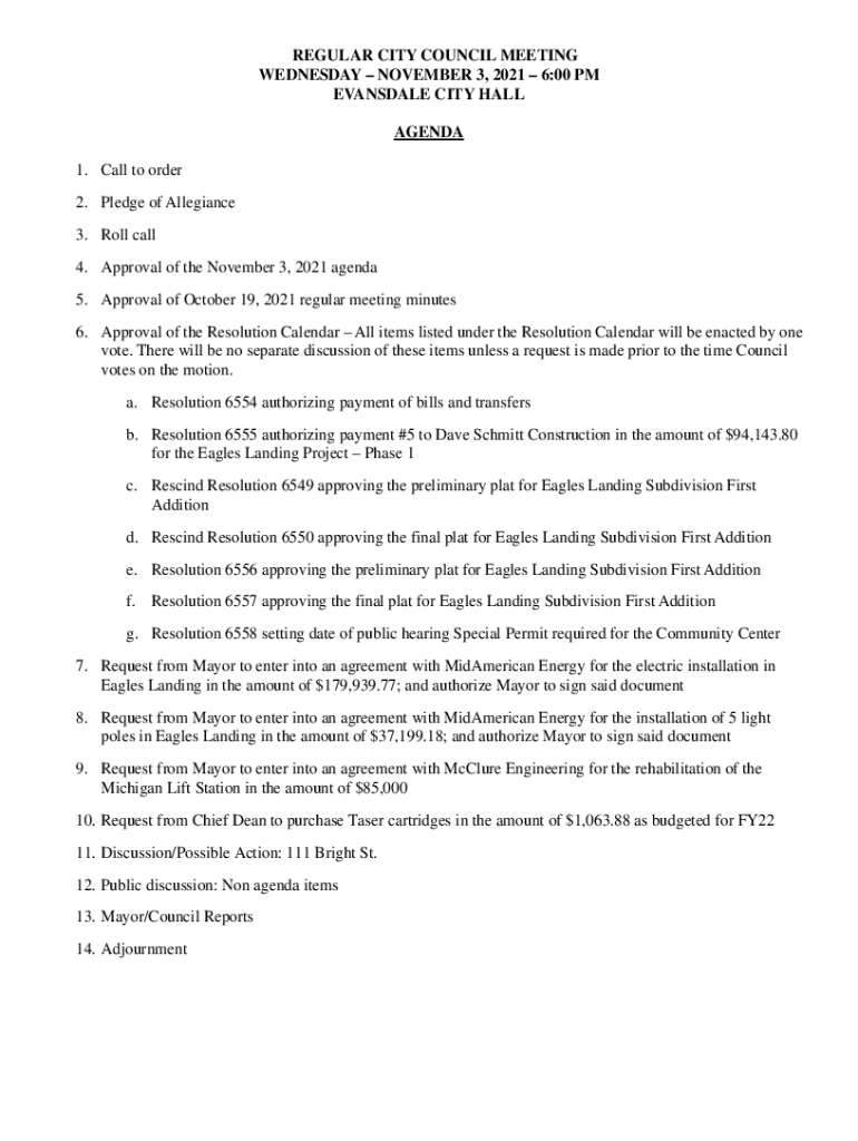 Fillable Online Approval of the Resolution Calendar All items listed ...