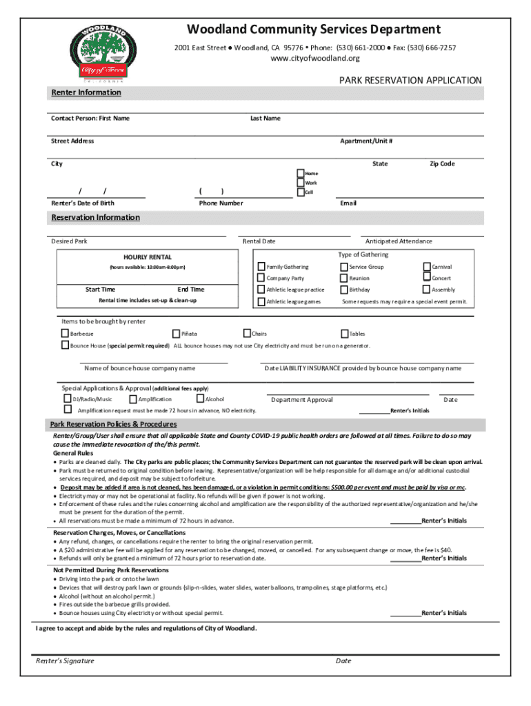 Fillable Online Park Reservation Form PDF - Woodland Community Services ...