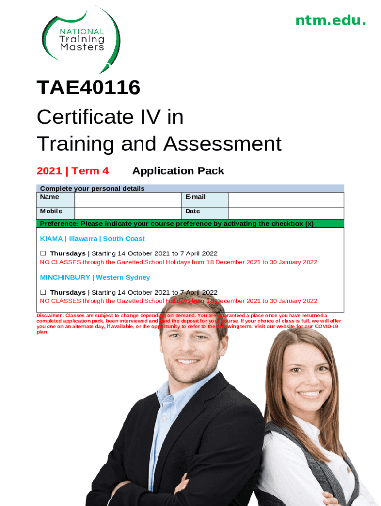 TAE40116 - Certificate IV in Training and Assessment Doc Template ...