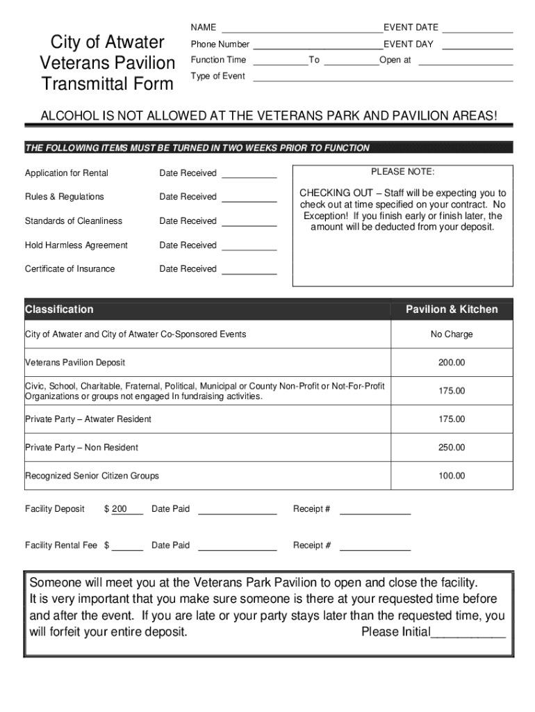 Fillable Online City of Atwater Veterans Pavilion Transmittal Form Fax Email Print - pdfFiller