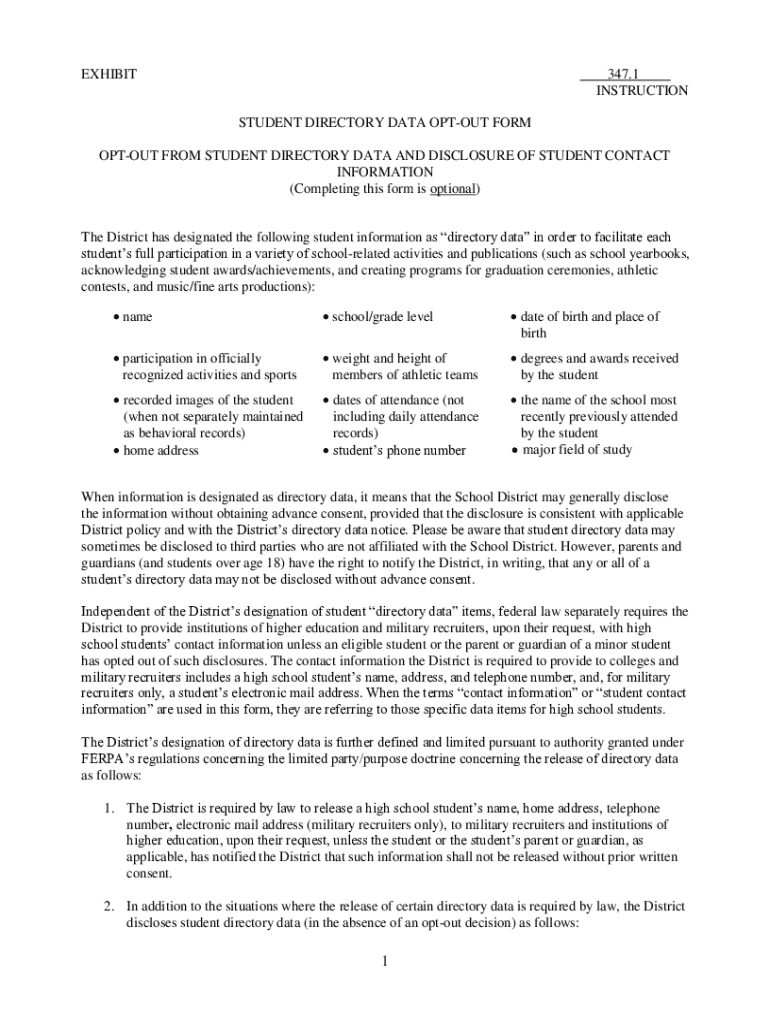 Fillable Online exhibit 347.1 instruction student directory data opt ...