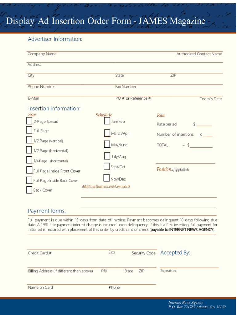 Fillable Online Display Ad Insertion Order Form - JAMES Magazine - Fax ...