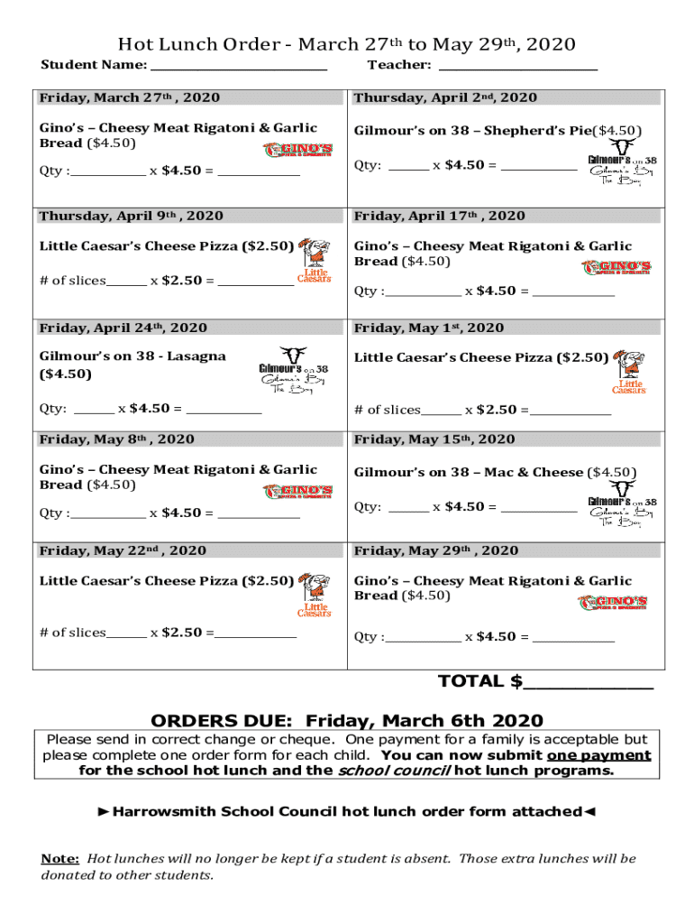 Fillable Online HOT LUNCH ORDER FORM $ Fax Email Print - pdfFiller