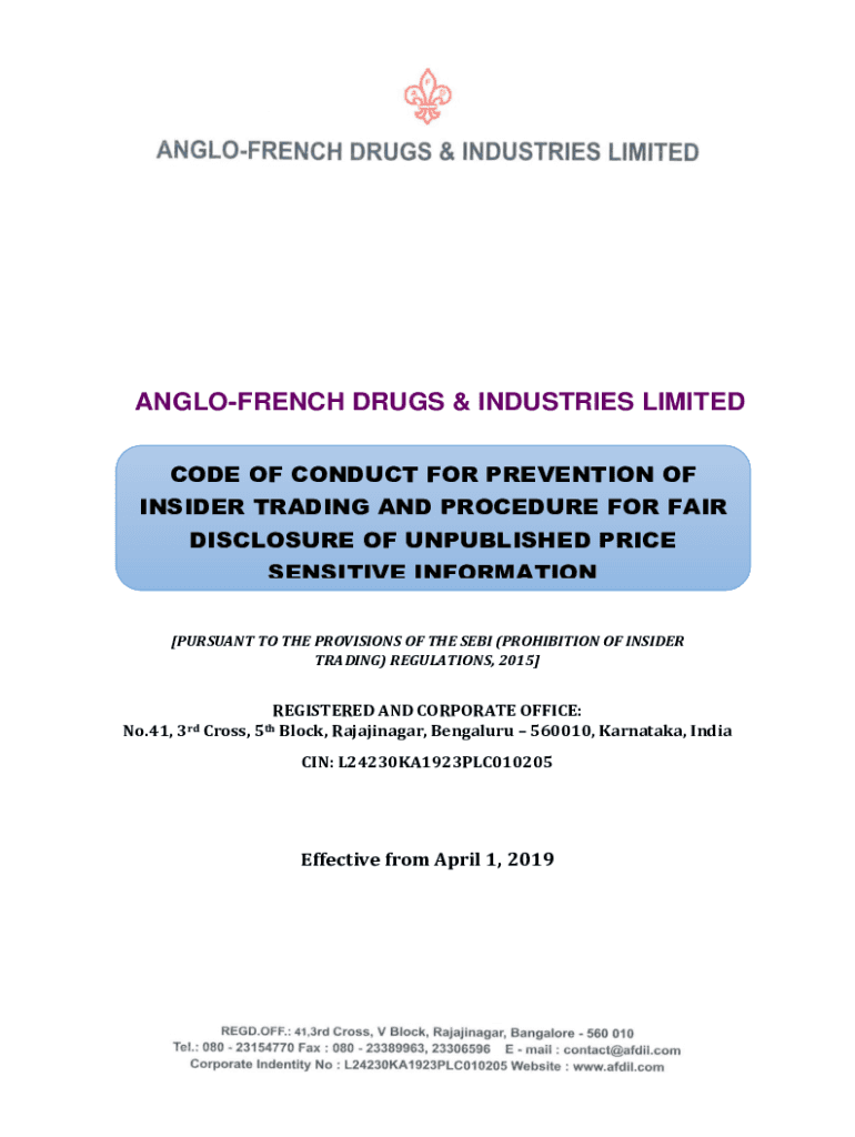 Fillable Online Code of Conduct for Prevention of Insider Trading and ...