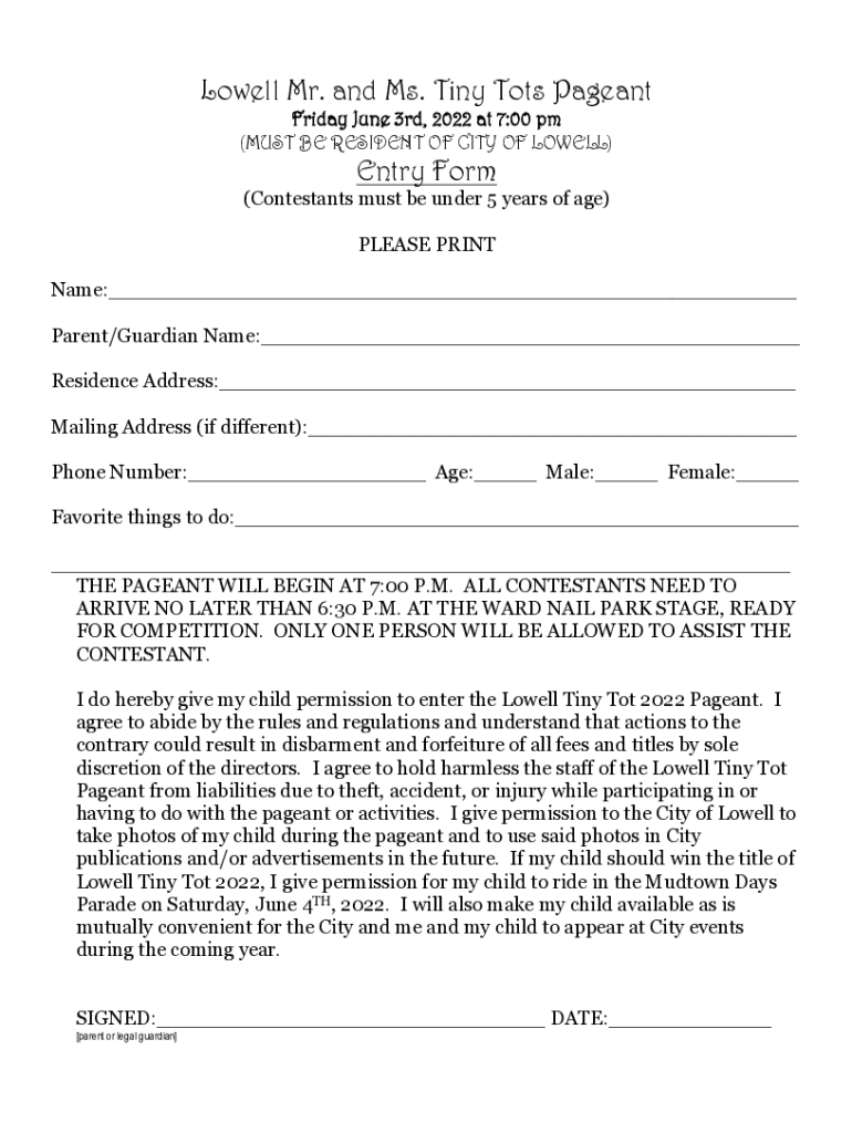 Fillable Online Lowell Mr. and Ms. Tiny Tots Pageant Entry Form Fax ...