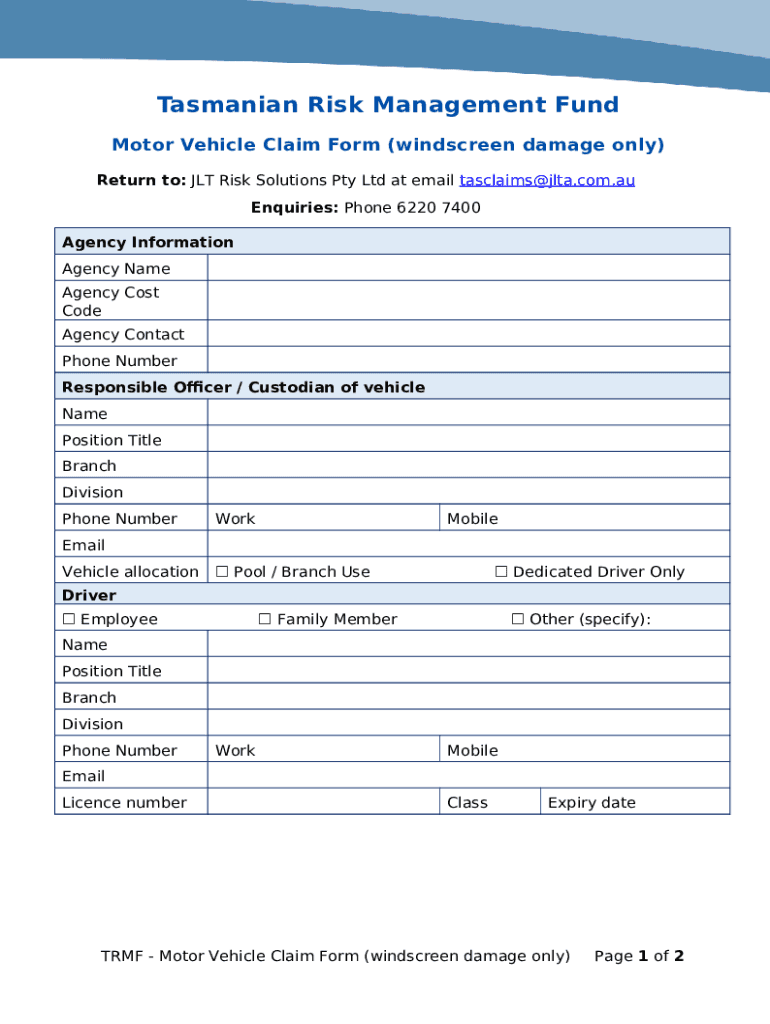 TRMF Motor Vehicle Claim - windscreen damage only Doc Template | pdfFiller